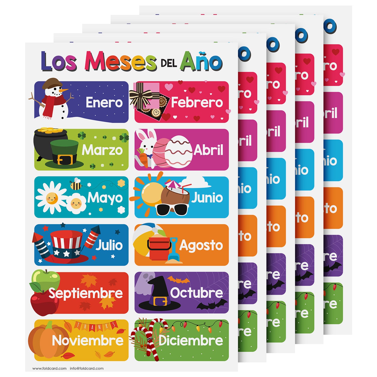 Spanish 12 Months Chart for Kids | Colorful Educational Poster | 5-Pack