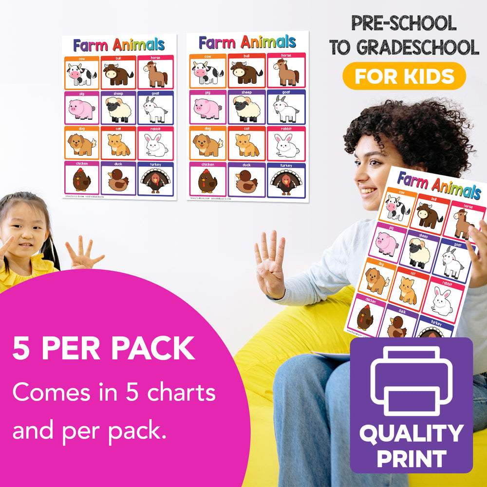 Farm Animals Chart for Kids | Colorful Educational Poster | 5-Pack